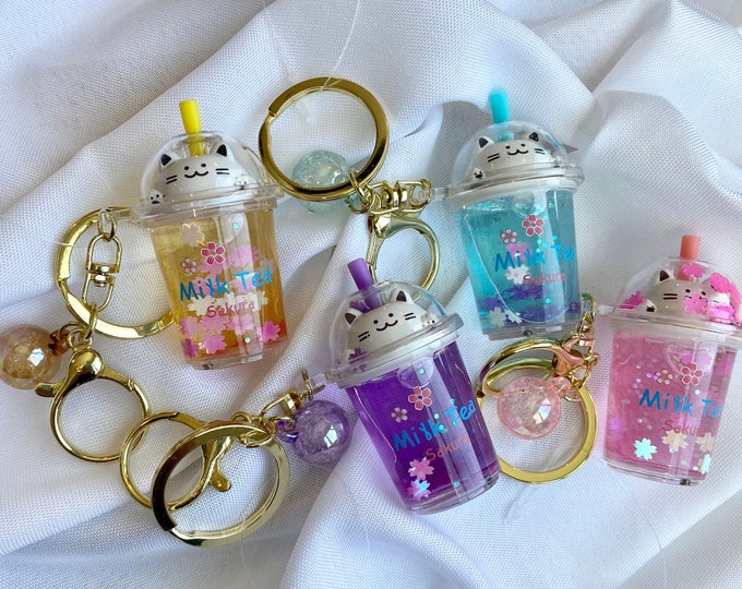 Kitty Cat Sakura Milk Tea Boba Oil Liquid Shaker Keychain | Kawaii ...