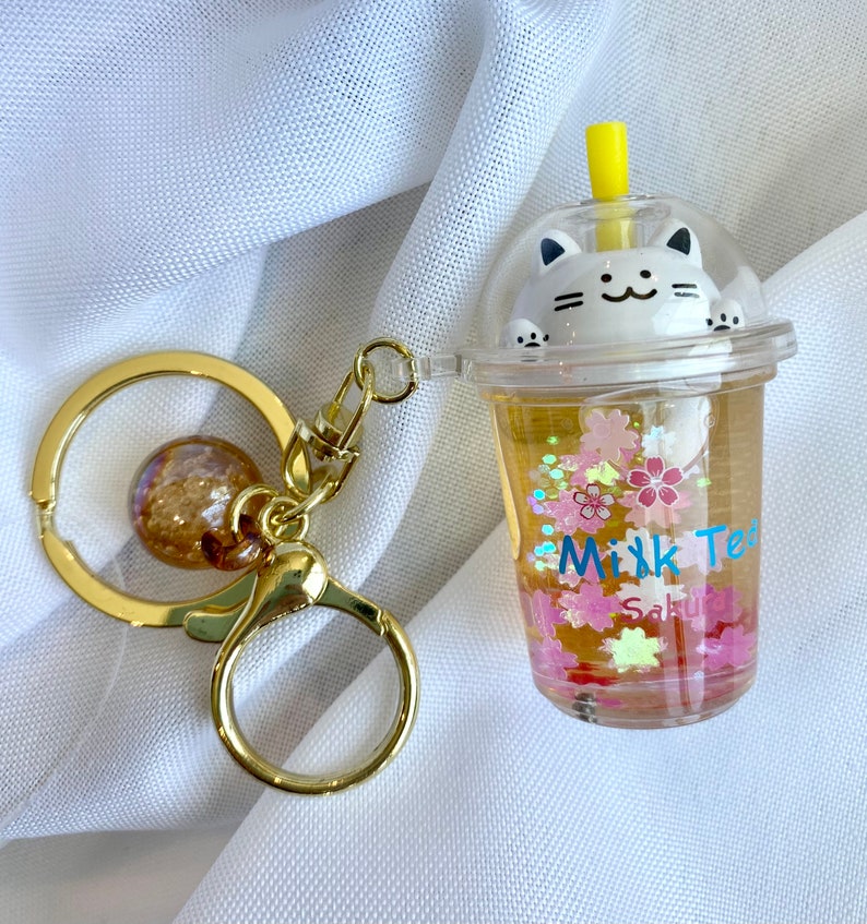 Kitty Cat Sakura Milk Tea Boba Oil Liquid Shaker Keychain - Etsy