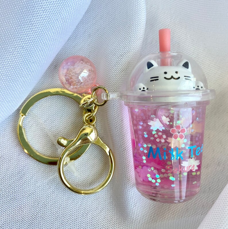 Kitty Cat Sakura Milk Tea Boba Oil Liquid Shaker Keychain - Etsy