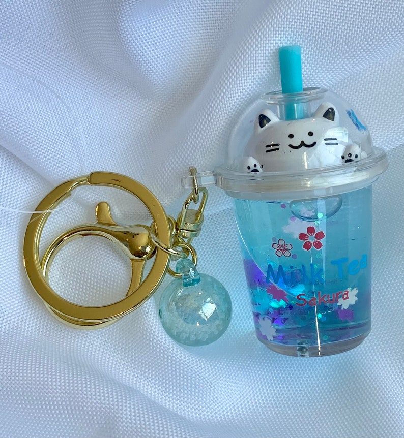 Kitty Cat Sakura Milk Tea Boba Oil Liquid Shaker Keychain - Etsy