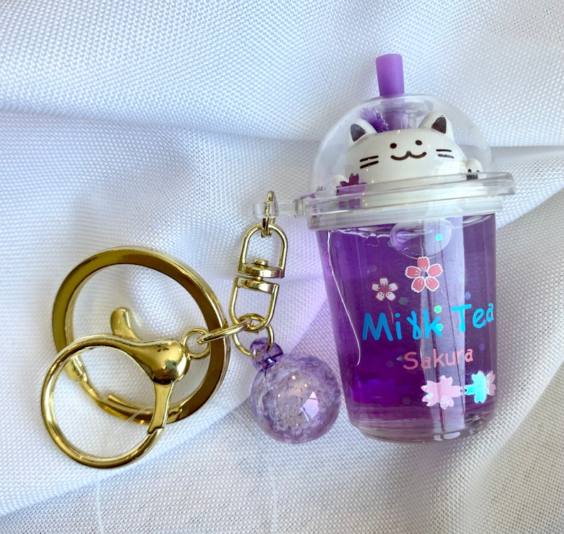 Kitty Cat Sakura Milk Tea Boba Oil Liquid Shaker Keychain - Etsy