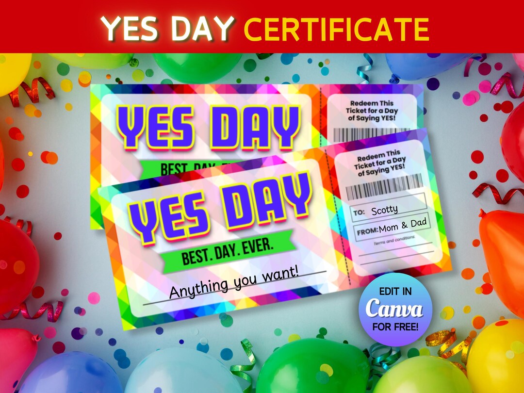 Editable Yes Day Printable Voucher Coupon, Yes Day Ticket, Yes Day ...