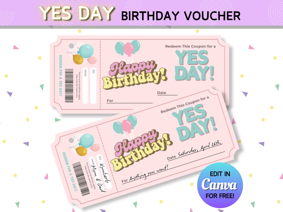 Editable Yes Day Printable Voucher, Happy Birthday Yes Day Ticket, Yes ...