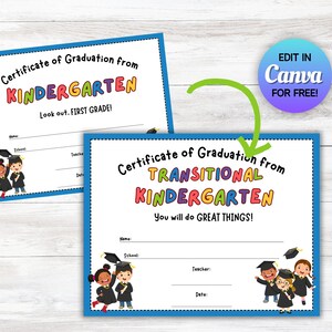 Editable Kindergarten Graduation Certificate, Transitional Kindergarten ...