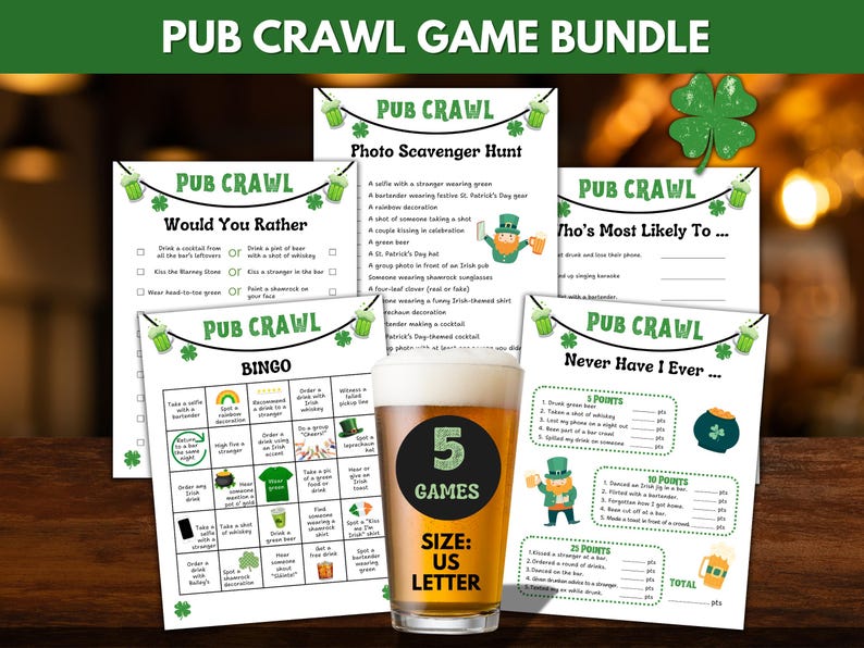 St. Patrick's Day Bar Crawl Printable Games Pub Crawl Adult Scavenger ...