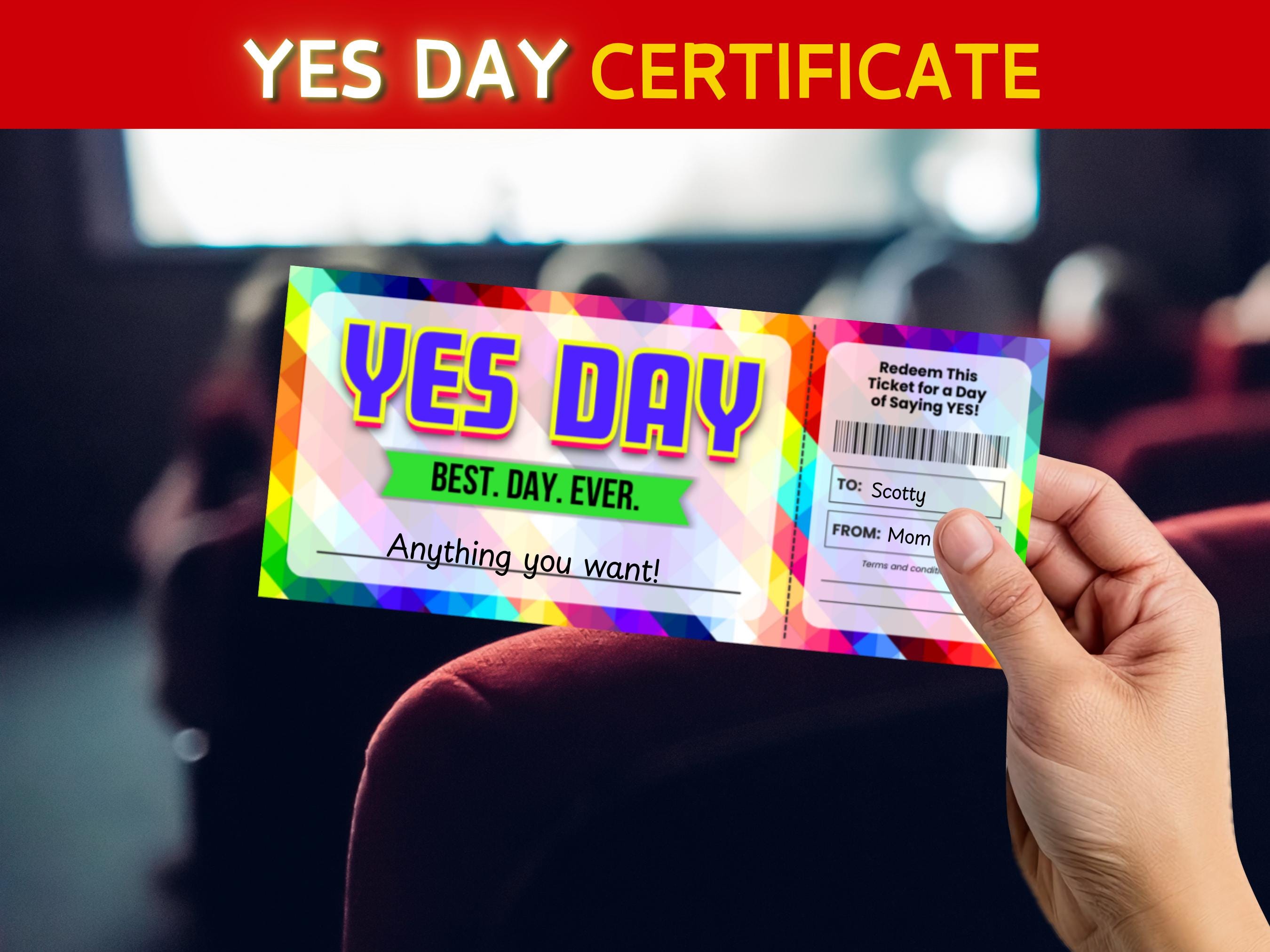Editable Yes Day Printable Voucher Coupon, Yes Day Ticket, Yes Day ...