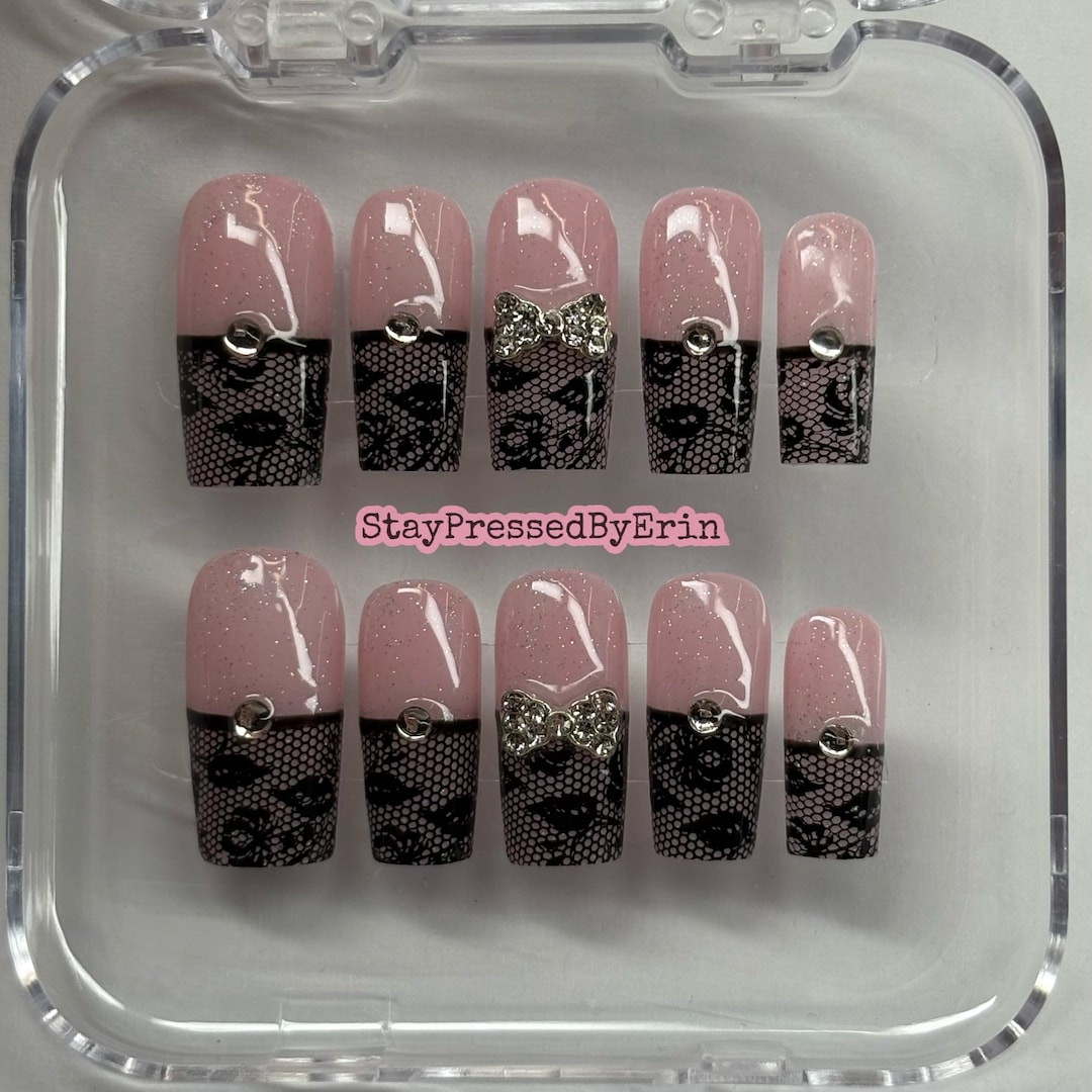 Handmade Black Lace French Tip Medium Square Press on Nails - Etsy