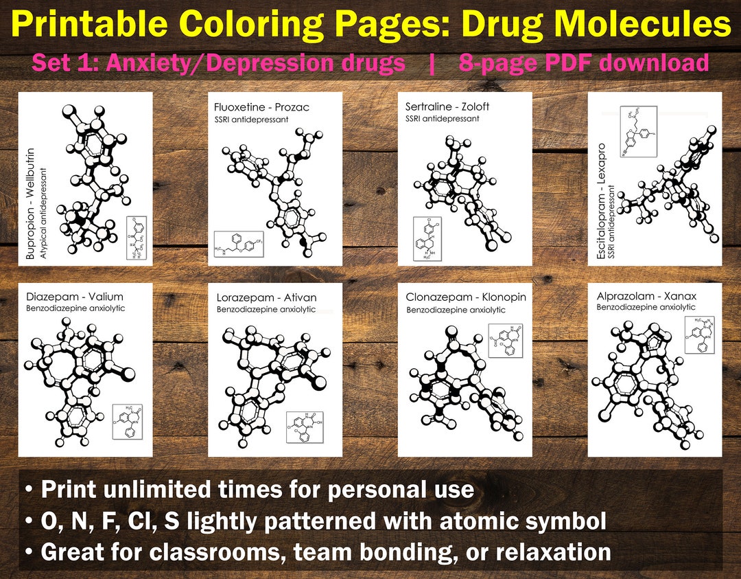 Printable Coloring Pages: Drug Molecules, Set 1 (anxiety/depression) - Etsy