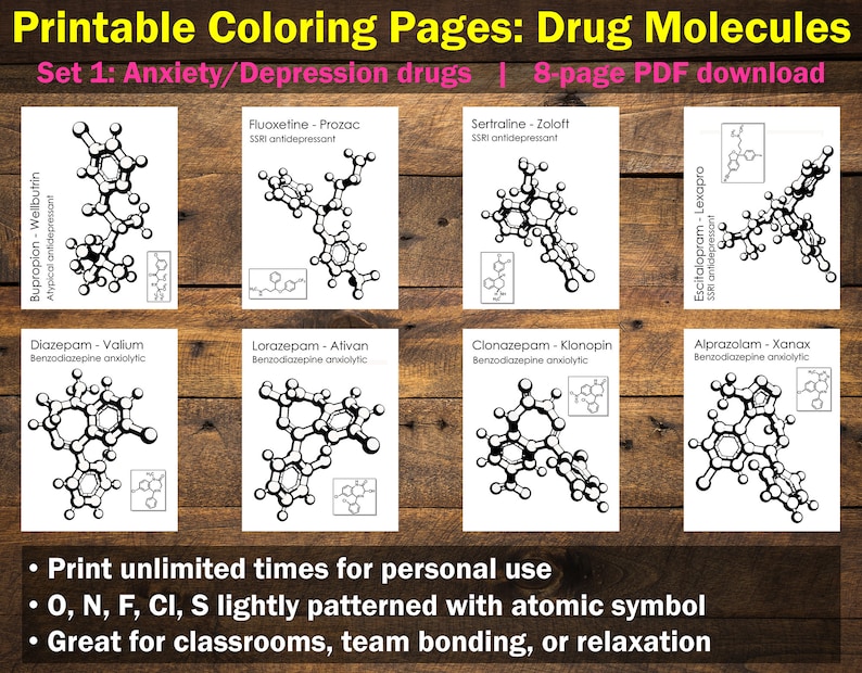 Printable Coloring Pages: Drug Molecules, Set 1 anxiety/depression - Etsy