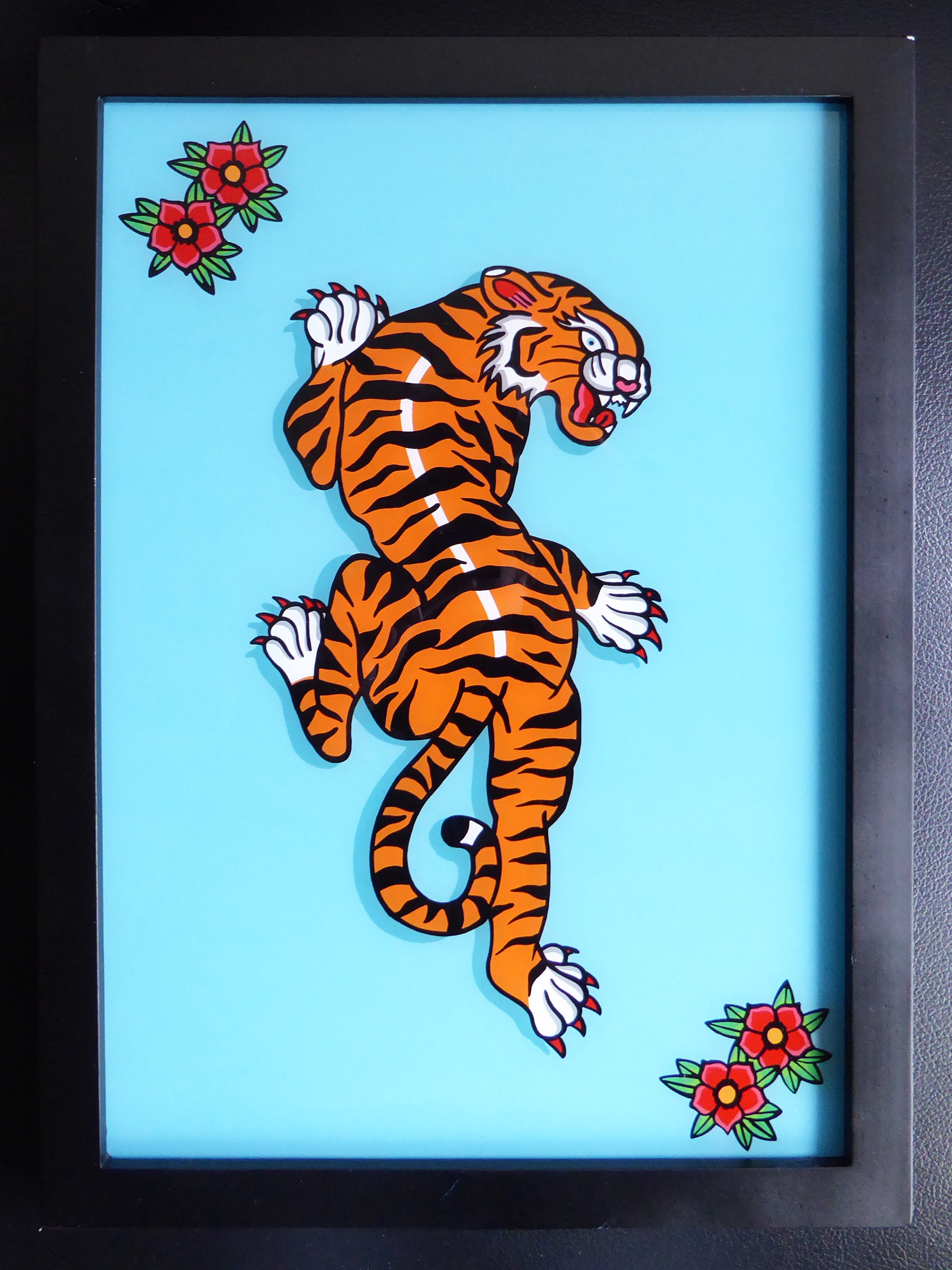 Traditional Crawling Tiger Tattoo Design Reverse Painted Glass acrylic ...