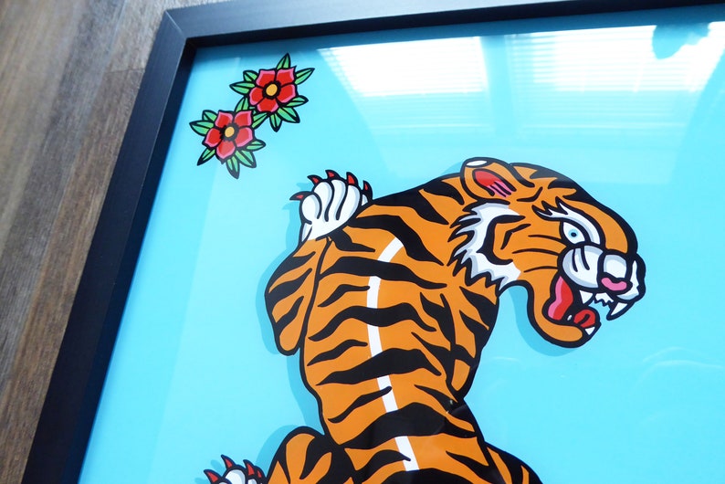 Traditional Crawling Tiger Tattoo Design Reverse Painted Glass acrylic ...