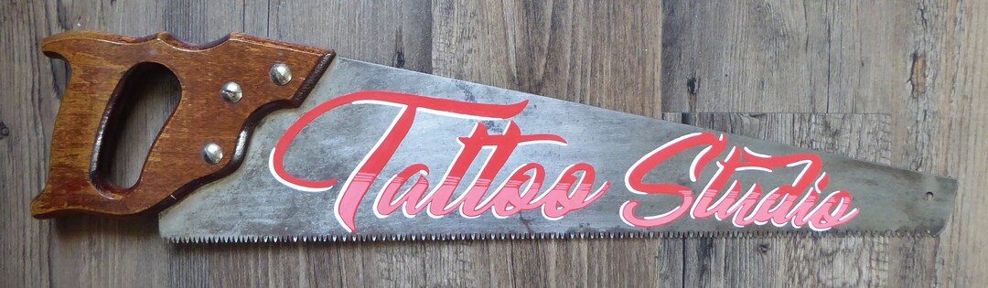Tattoo Studio - Hand Painted Vintage Saw Sign (with Red Two-tone ...
