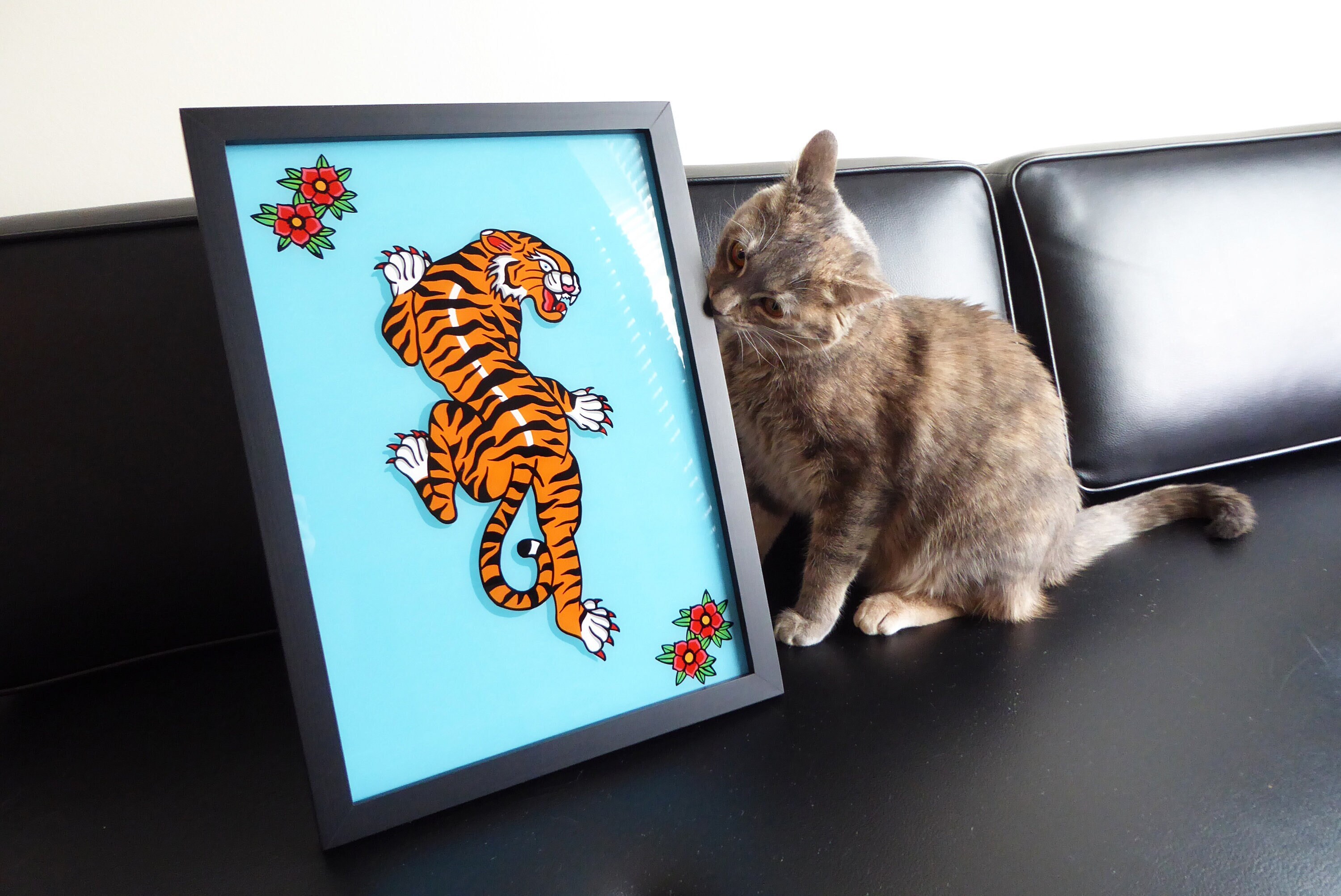 Traditional Crawling Tiger Tattoo Design Reverse Painted Glass acrylic ...