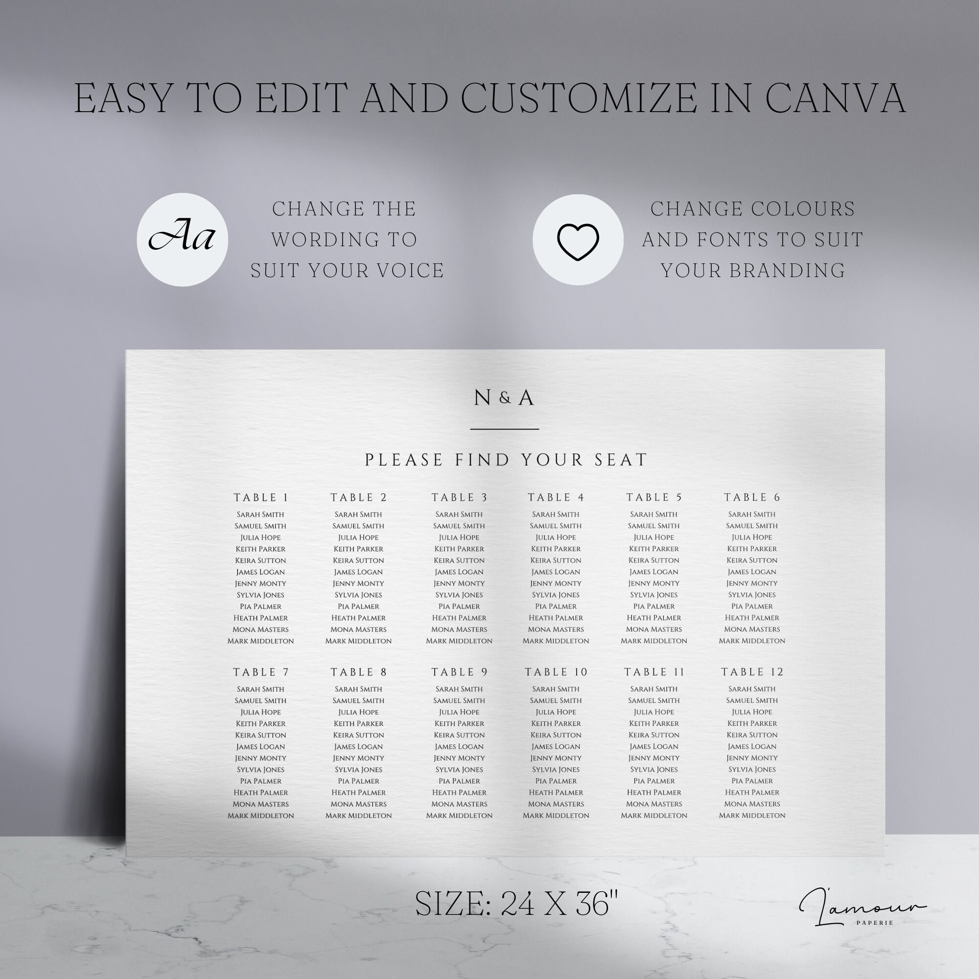 Minimalist Wedding Seating Chart Template, Modern Elegant Wedding Guest ...