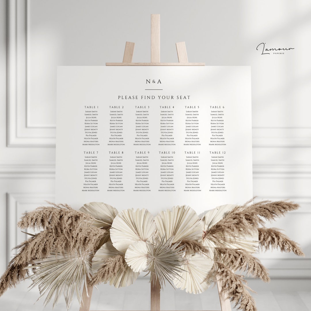 Minimalist Wedding Seating Chart Template, Modern Elegant Wedding Guest ...