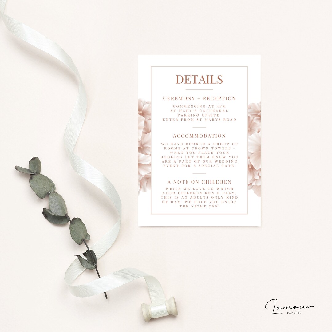 Editable Wedding Invitation Insert, Floral Hydrangea Card Details and ...