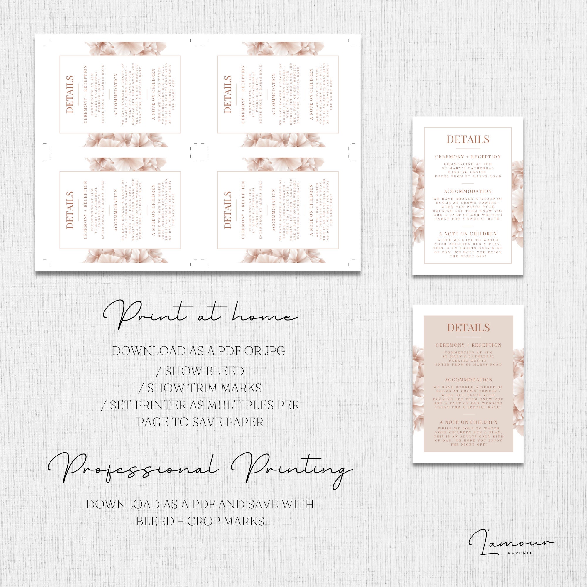 Editable Wedding Invitation Insert, Floral Hydrangea Card Details and ...