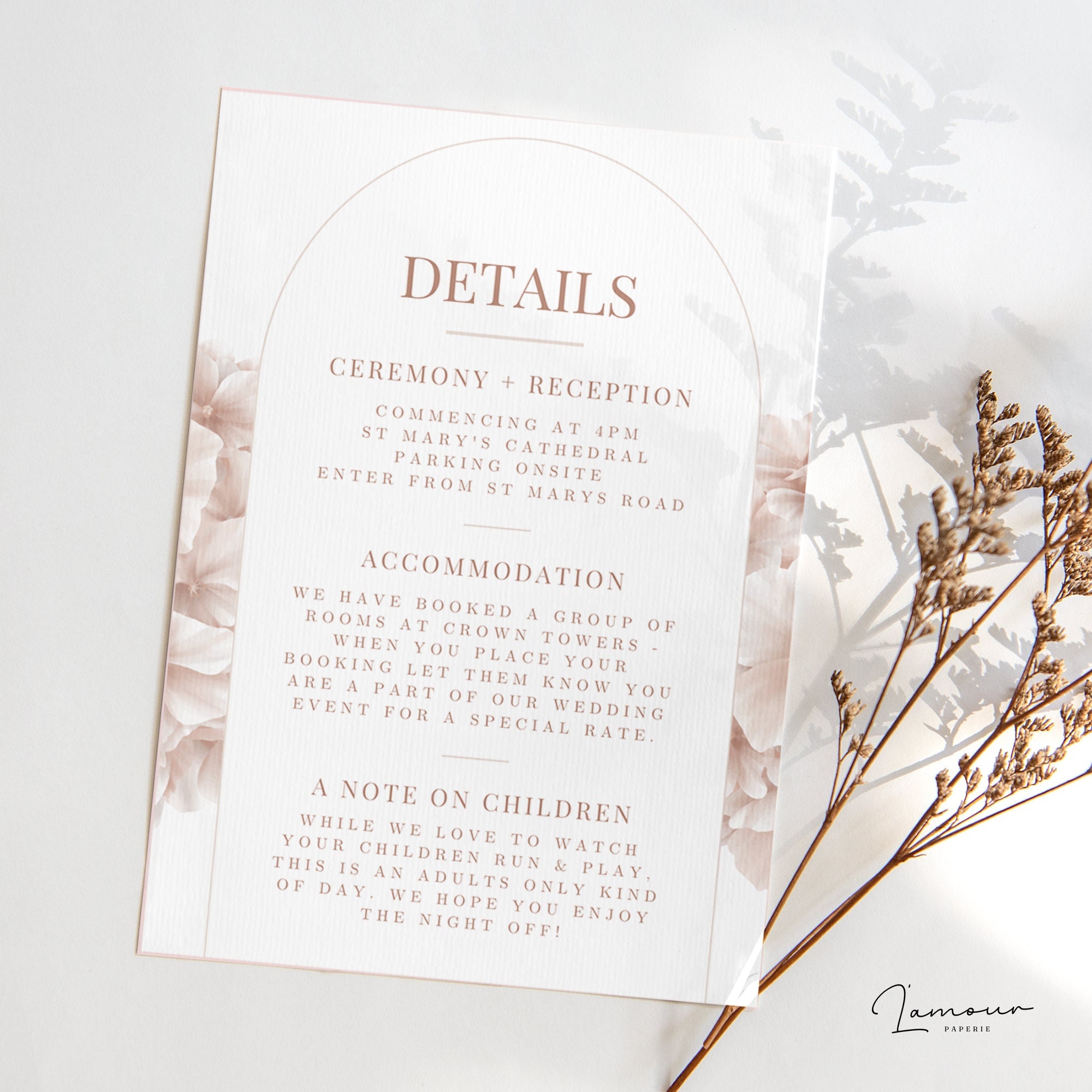 Editable Wedding Invitation Insert, Floral Hydrangea Card Details and ...