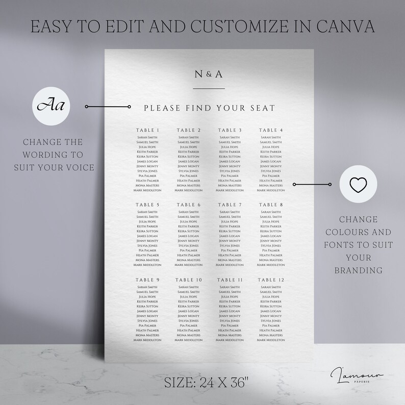 Minimalist Wedding Seating Chart Template, Modern Elegant Wedding Guest ...