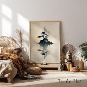 Serenity in Nature: Minimalist Zen Tree Painting - Foggy Mountain ...