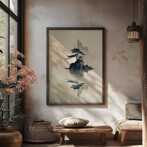 Serenity in Nature: Minimalist Zen Tree Painting - Foggy Mountain ...