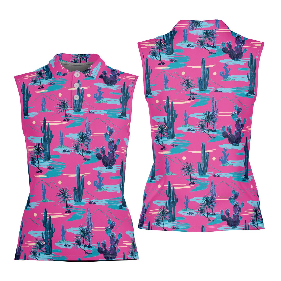Pink Desert Cactus Golf Polo Shirt, Custom Name Golfer Women Sleeveless ...