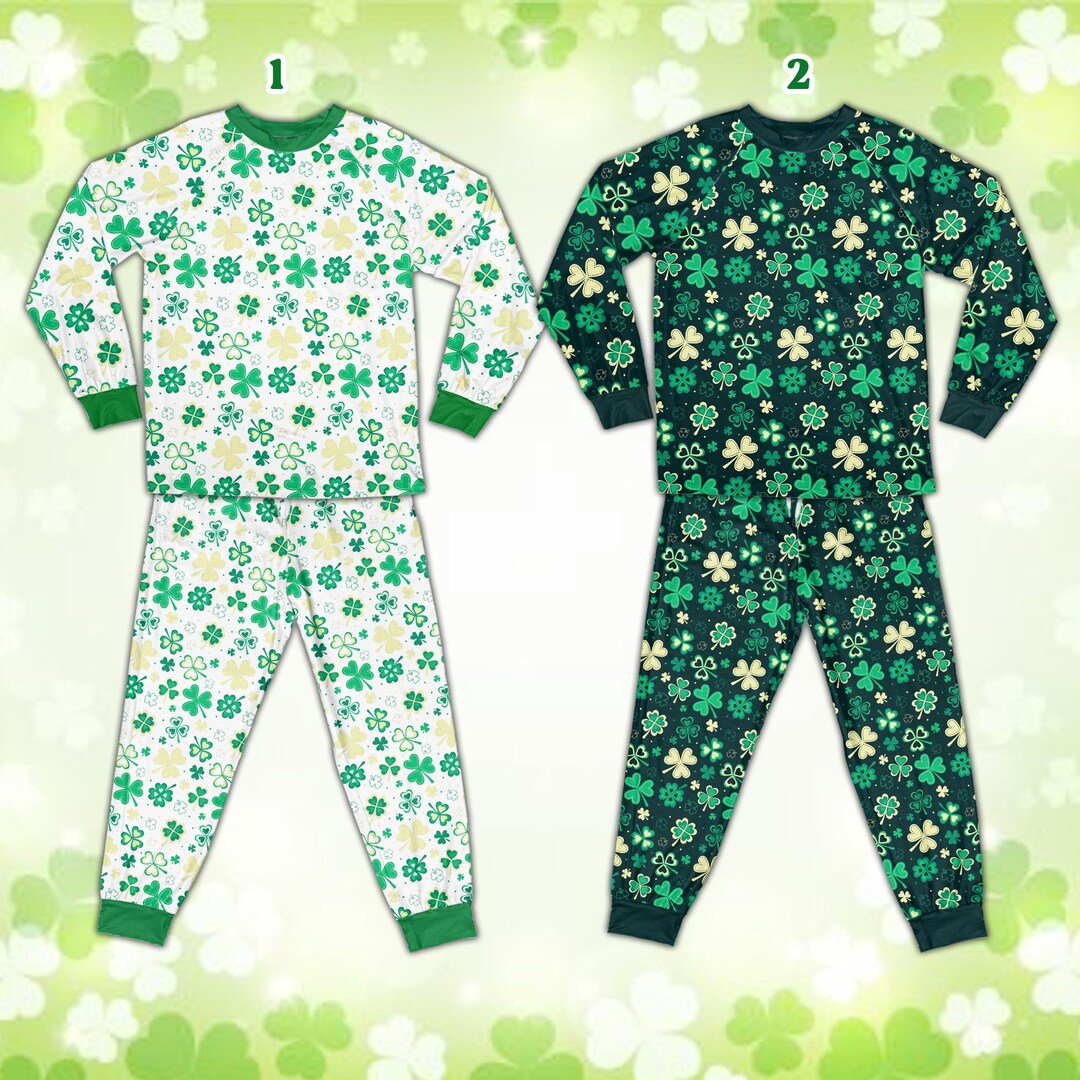 Lucky St. Patricks Day Pajamas, Green Shamrock Long Sleeve Two Piece ...