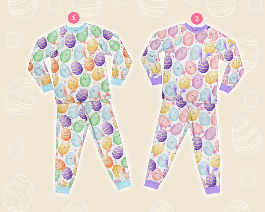 Happy Easter Pajama Set, Cute Easter Egg Long Sleeve Two Piece Pajama ...