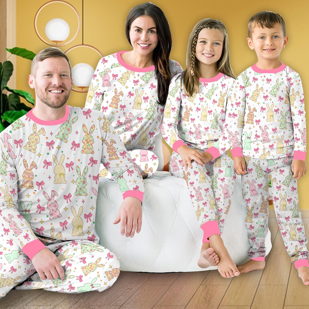 Cute Pink Bow Coquette Easter Pajamas, Easter Bunny Spring Flowers Long ...