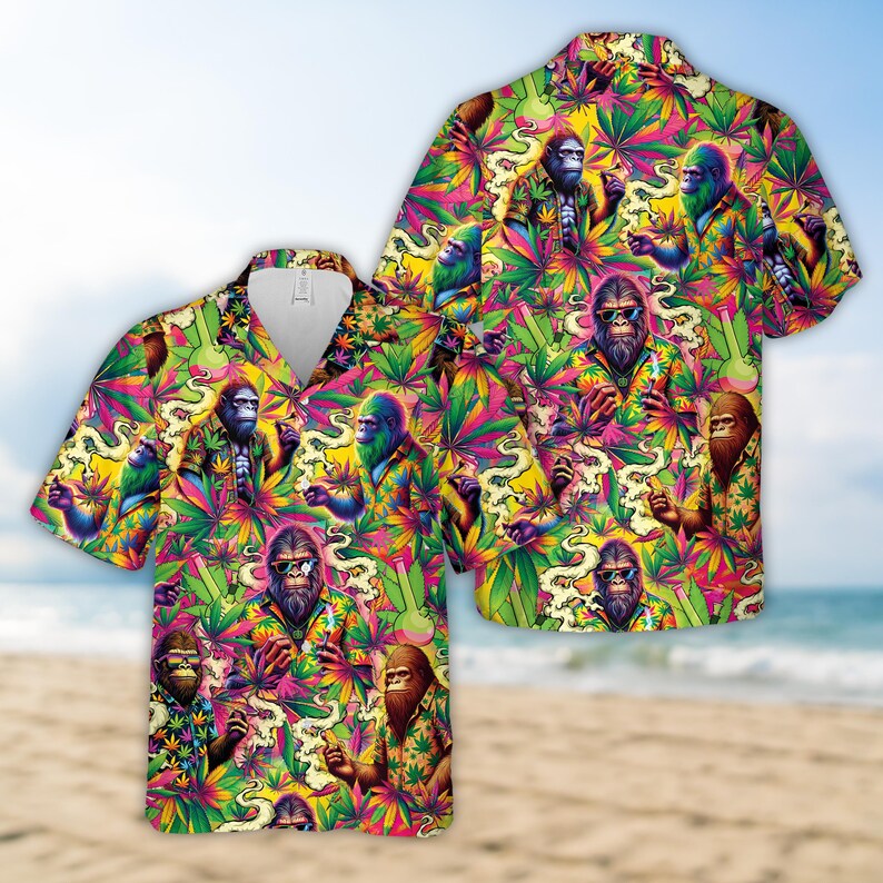 420 Bigfoot Hawaiian Shirt, Tropical Marijuana Leaf Button up Shirt ...