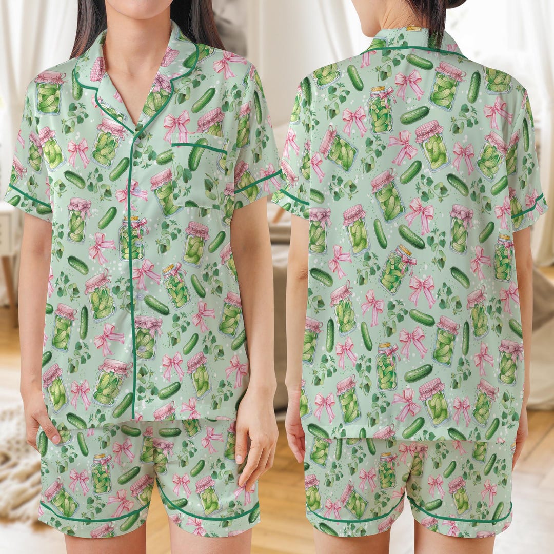 Coquette Pickle Satin Pajama Set, Preppy Pink Bow Sleepwear for Women ...