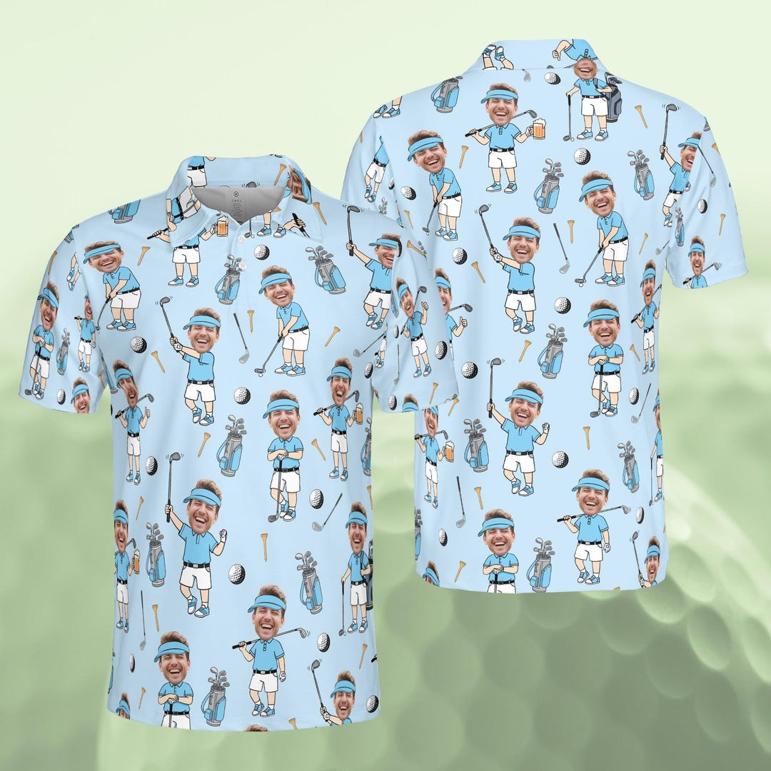 Personalized Golf Polo Shirt for Men, Custom Face Cartoon Golfer Polo ...