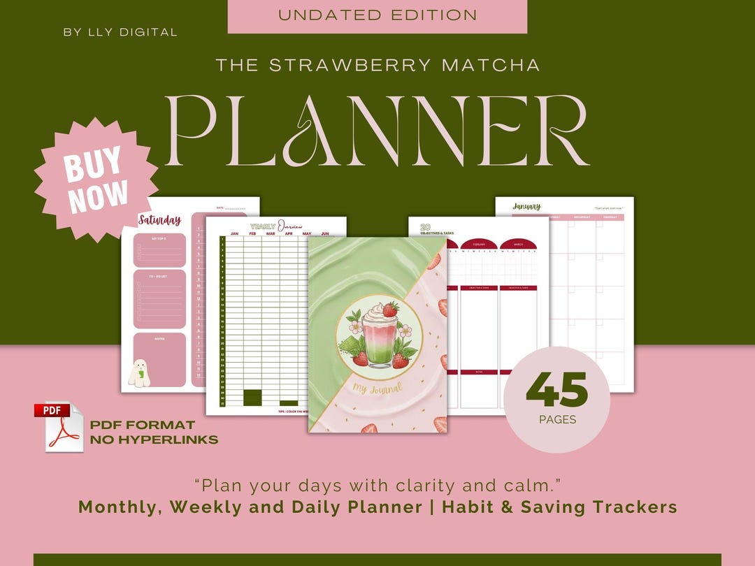 Strawberry Matcha Undated Planner | Printable Daily, Weekly, Monthly ...