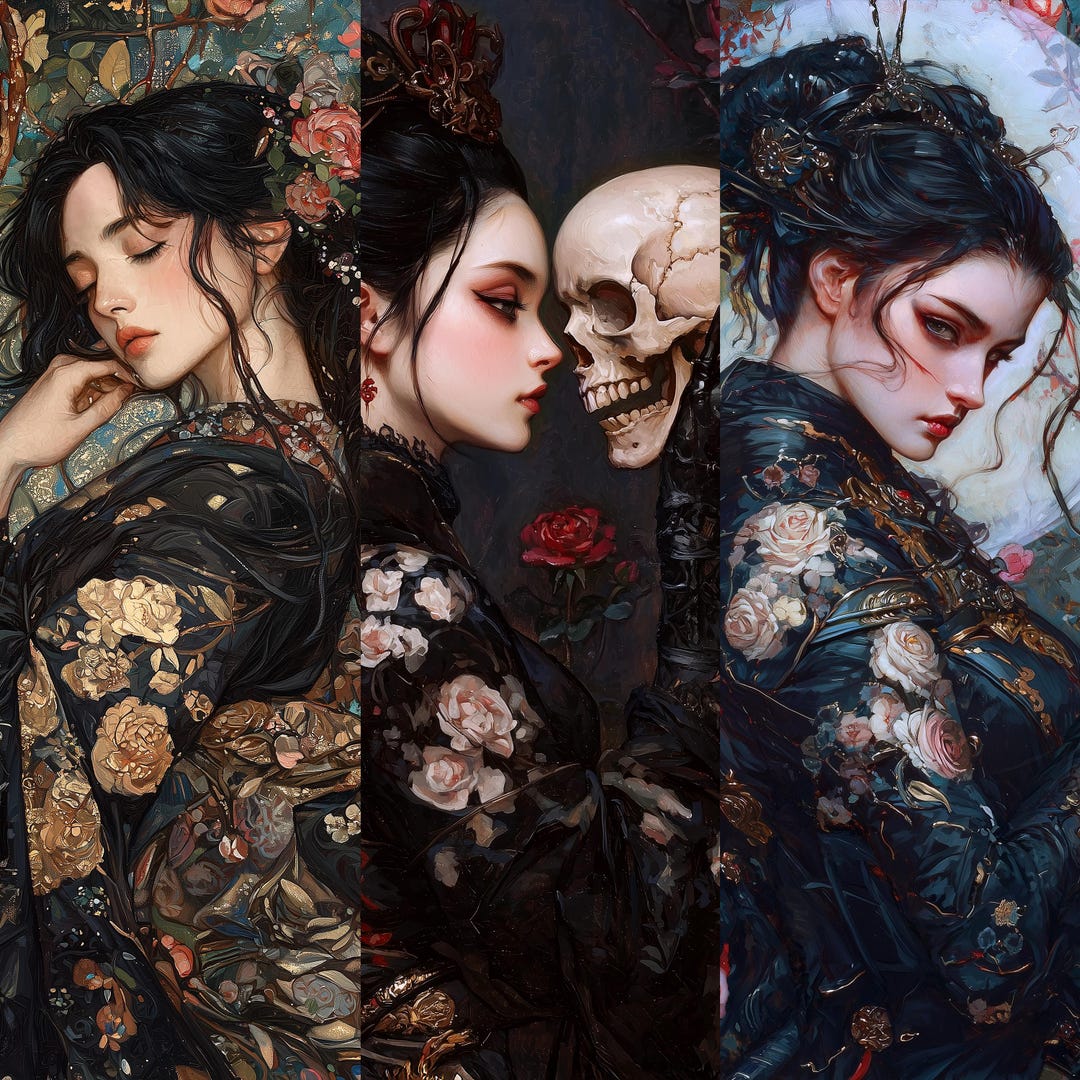 Dark Geisha & Samurai Triptych: Gothic Japanese Art Print Set (digital ...