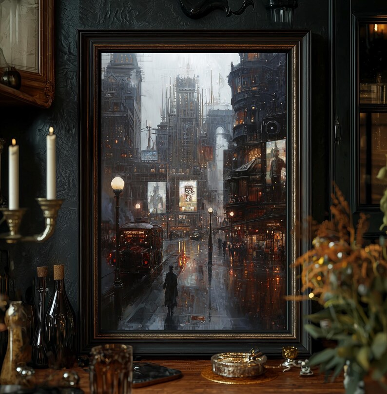 Gothic London City Wall Art Printable, Victorian Cyberpunk Night Scene ...