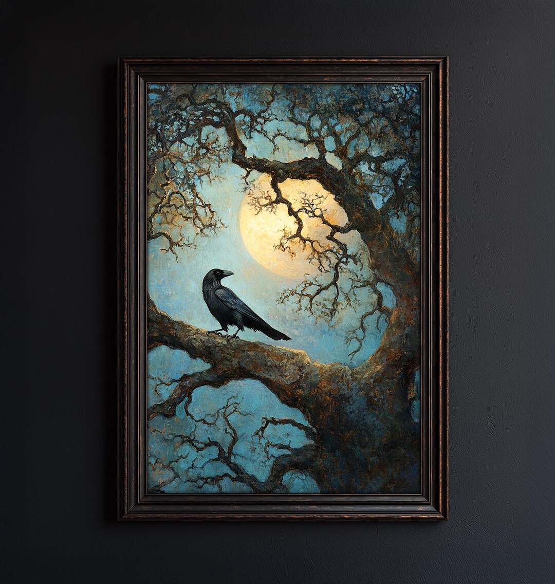 Dark Raven Moon Halloween Art Print: Witchy Gothic Forest Scene ...