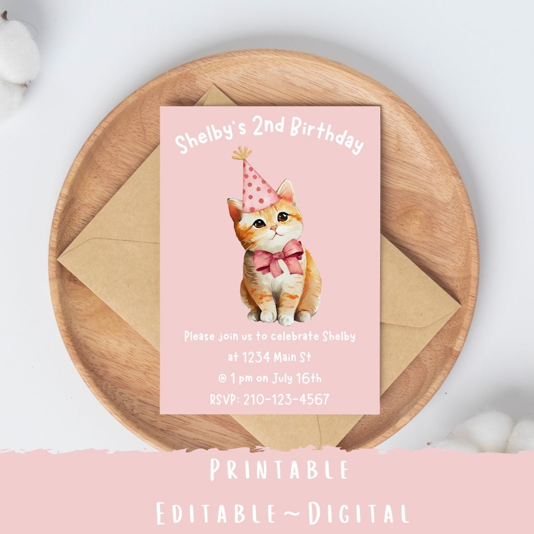 Cute Cat Birthday Party Invitation Editable Printable - Etsy