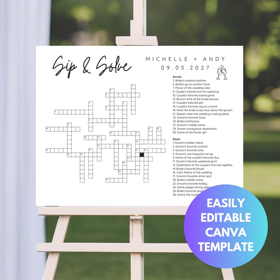 Sip and Solve Wedding Crossword Puzzle Sip and Solve Crossword Custom ...
