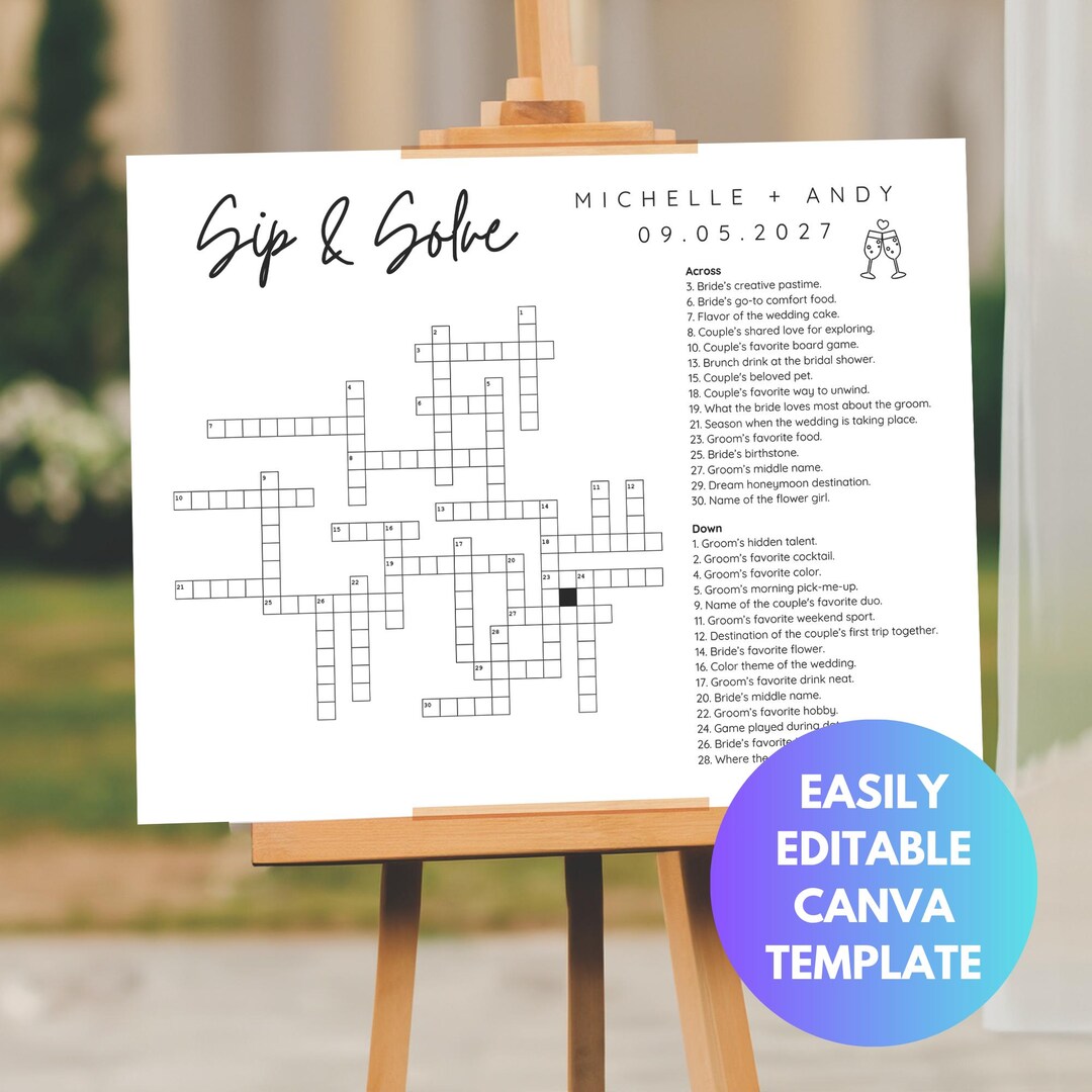 Sip and Solve Wedding Crossword Puzzle Sip and Solve Crossword Custom ...