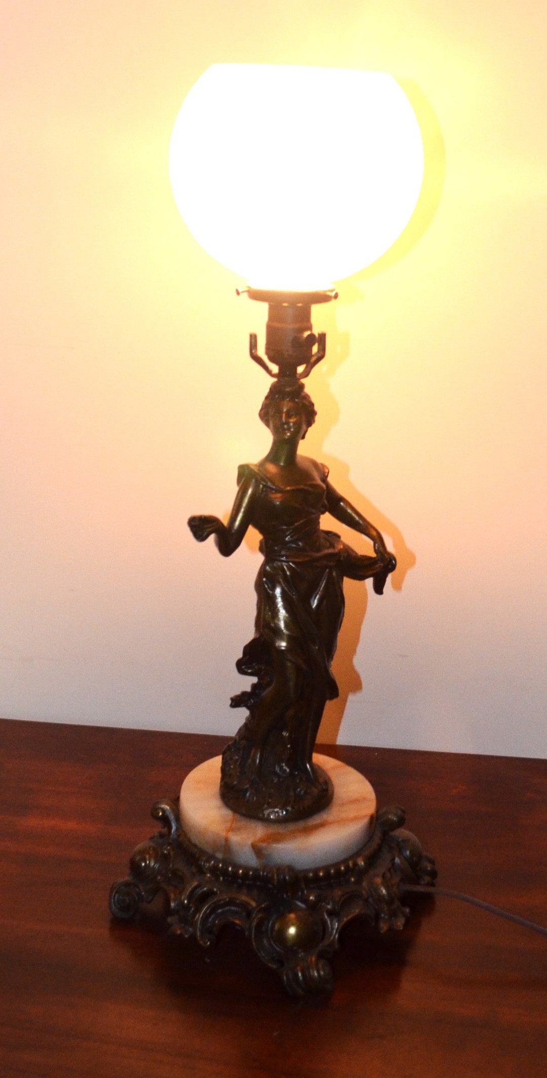 Vintage Bronze Rococo Lamp Female Holding Olive - Etsy