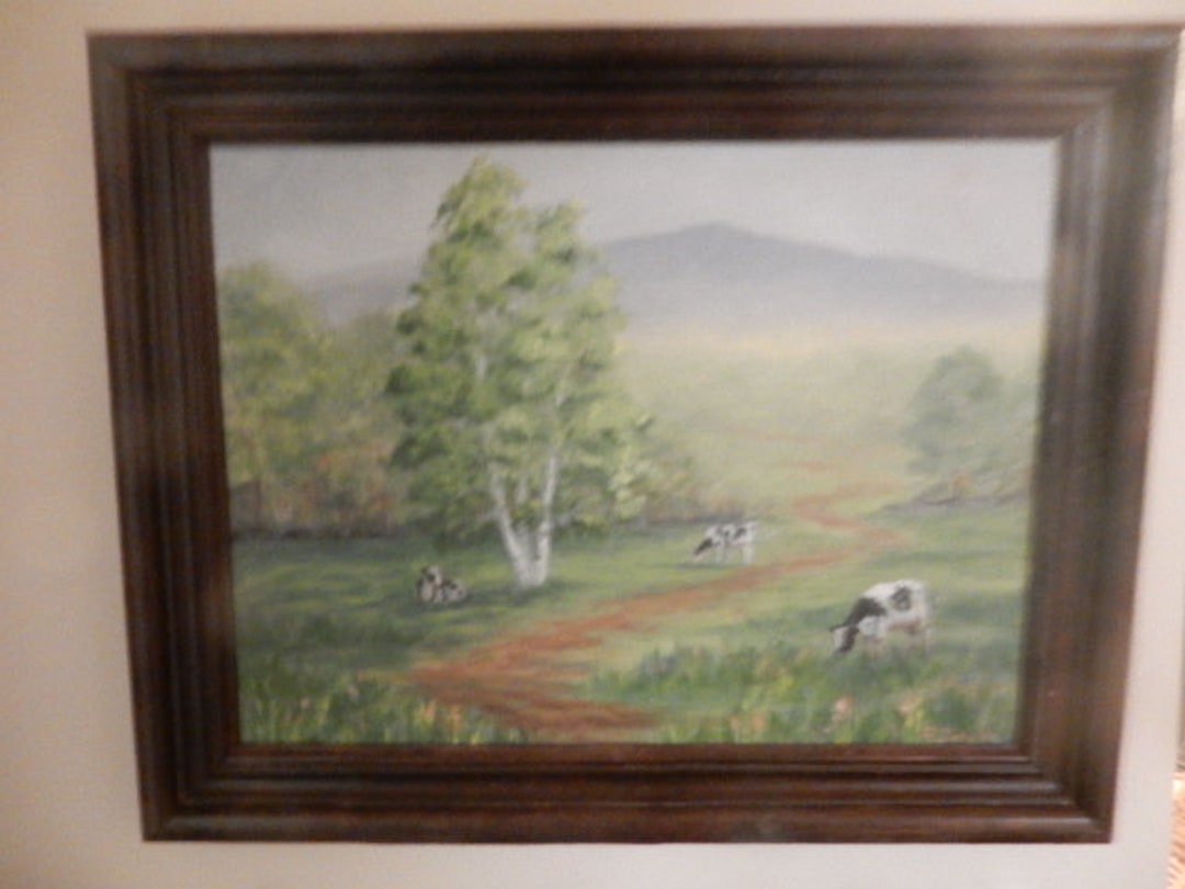 Farm Landscape Painting of Cows and Field and Plants With Background ...