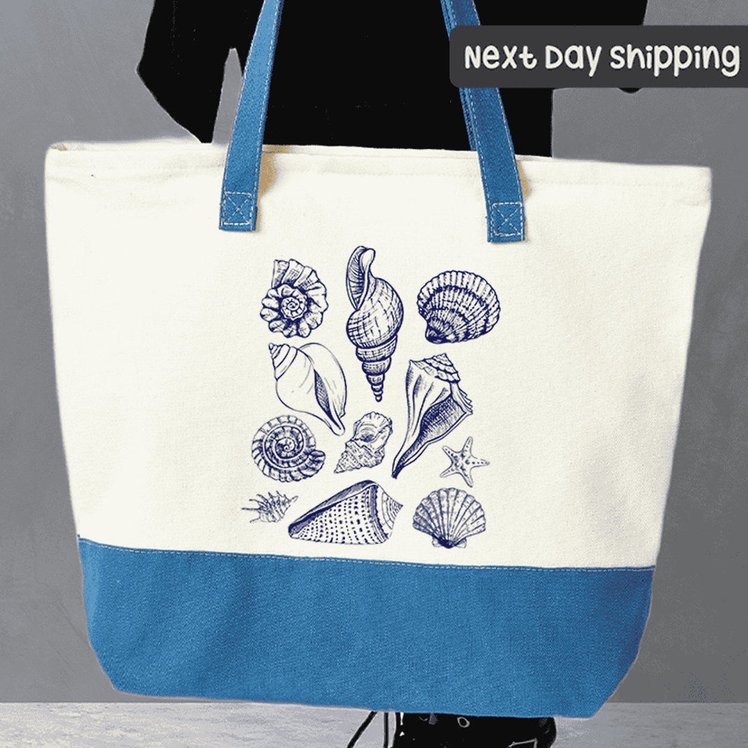Seashell Ocean Tote Bag, Coastal Design Tote Bag, Seashell Print Canvas ...