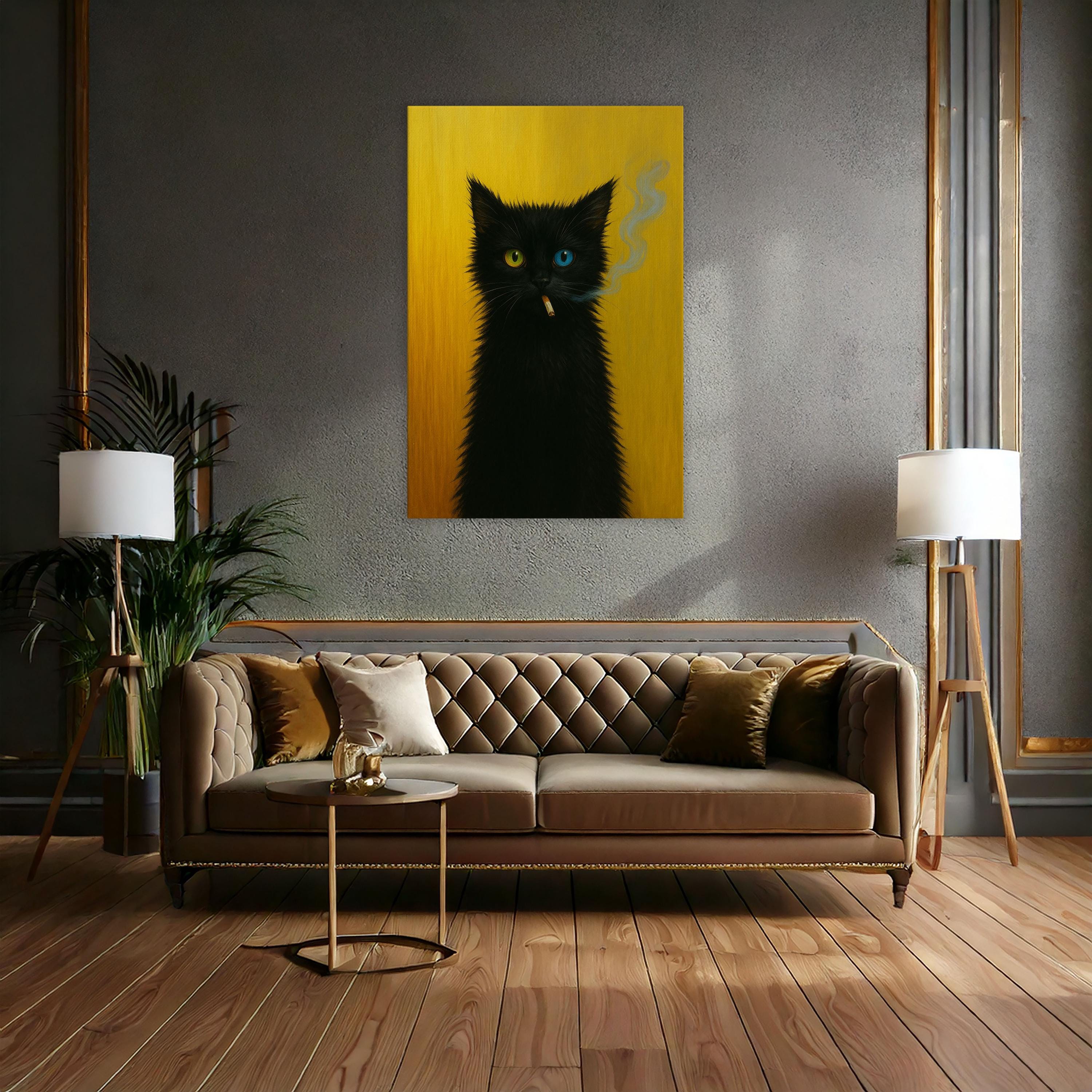 Smoking Black Cat Art Print – Funny Heterochromia Cat Wall Poster With ...