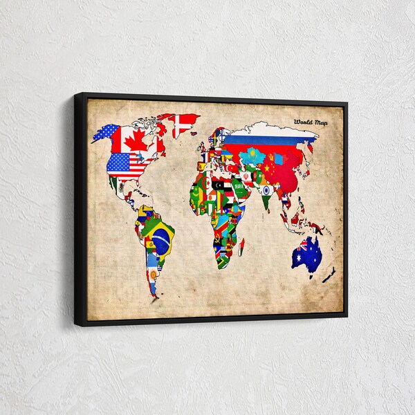 World Map With Flags on Canvas - Etsy