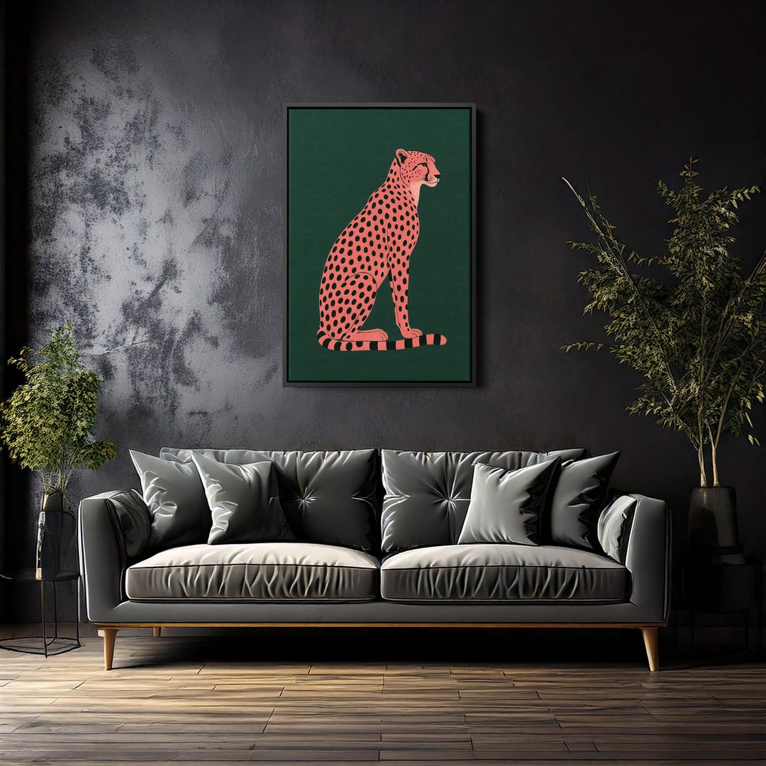 Minimalist Cheetah Wall Art – Pink Cheetah Illustration on Dark Green ...