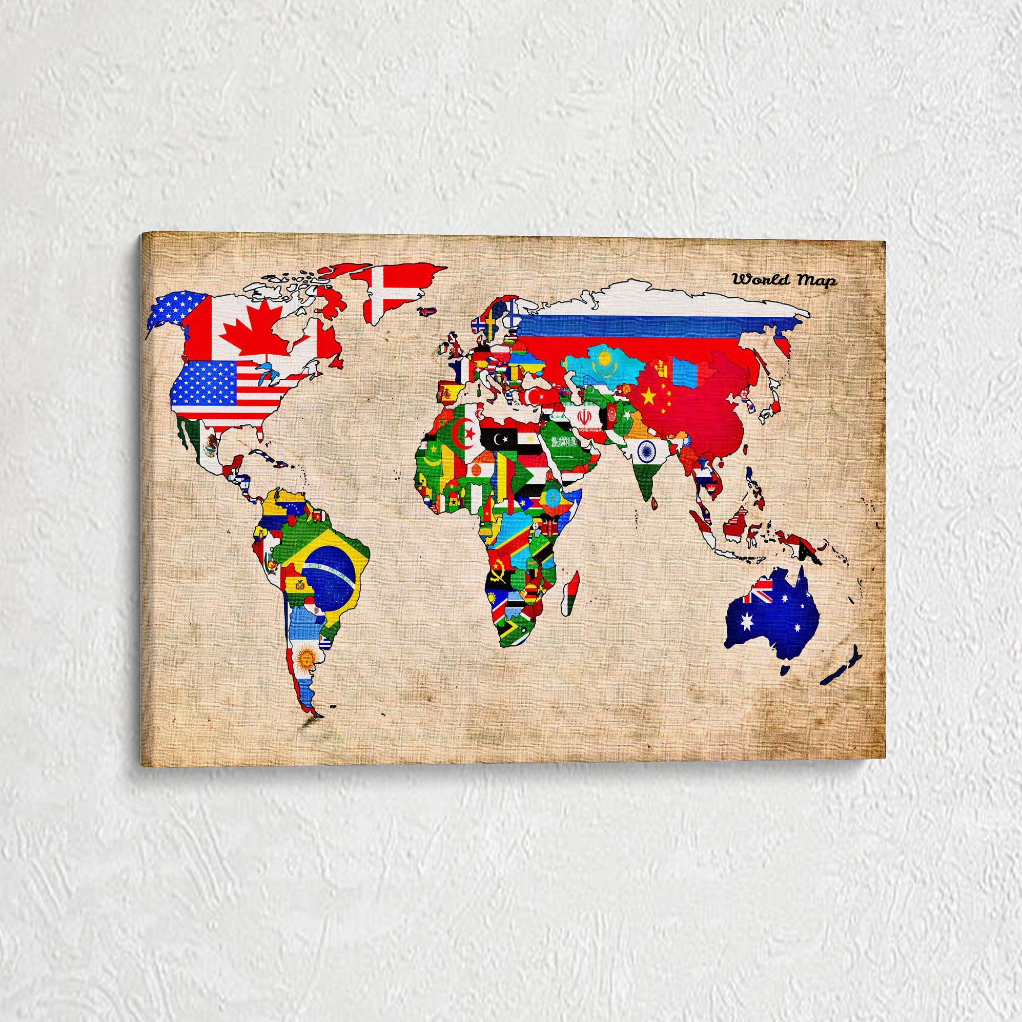 World Map and Flags, World Map Canvas Wall Art, Luxery Canvas Wall Art ...