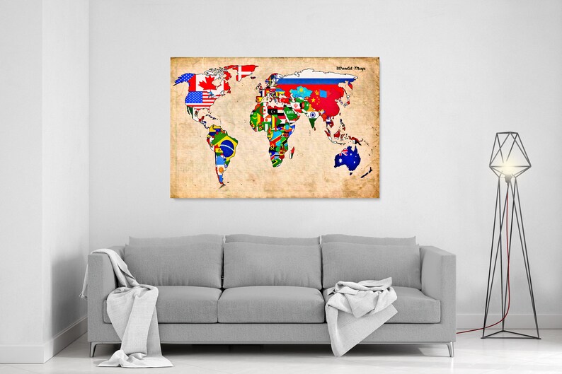 World Map and Flags, World Map Canvas Wall Art, Luxery Canvas Wall Art ...