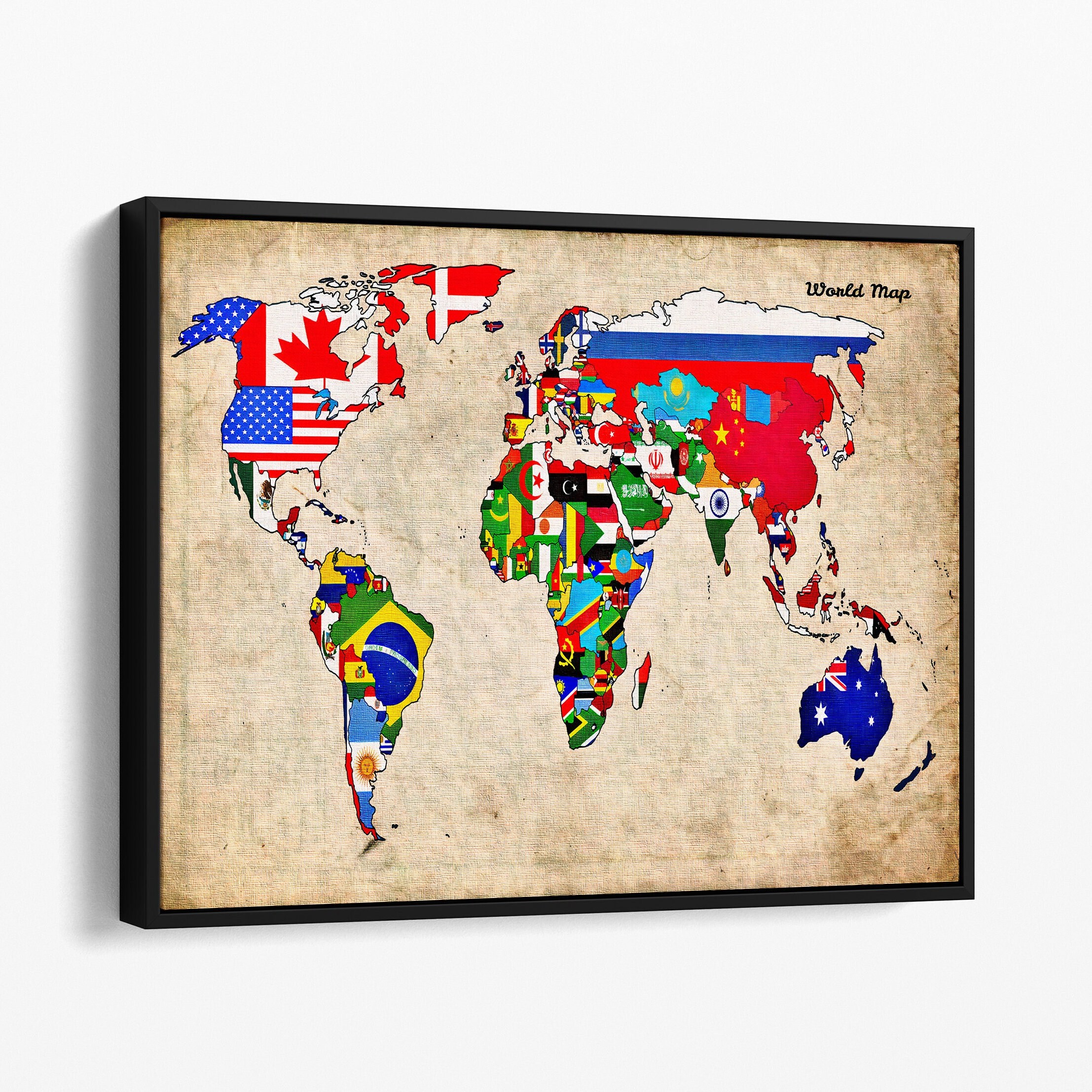 World Map and Flags, World Map Canvas Wall Art, Luxery Canvas Wall Art ...