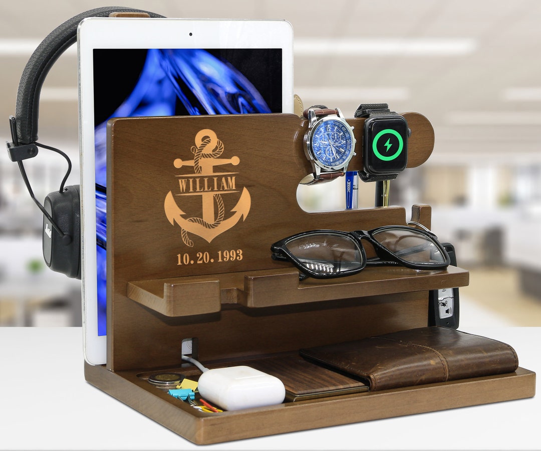 Personalized Wooden Docking Station for Husband: Desk Organizer ...