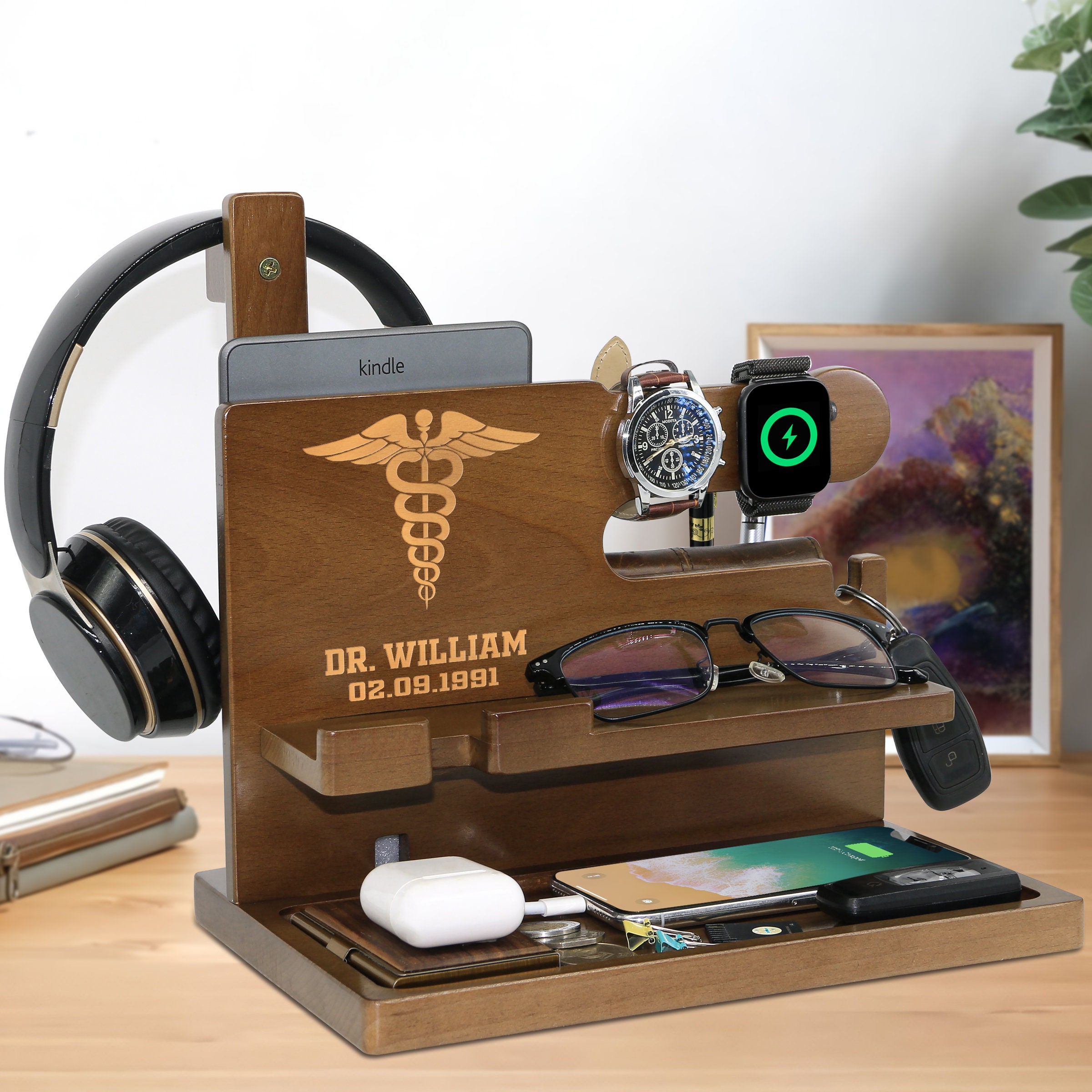 Personalized Wood Docking Station for Doctor: Desk Organizer, Charging ...